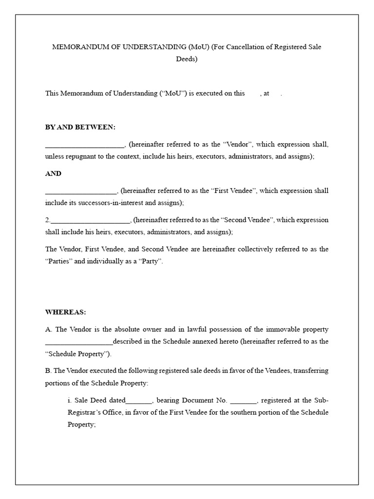 Template For MoU For Cancellation of Sale Deed | PDF | Deed ...