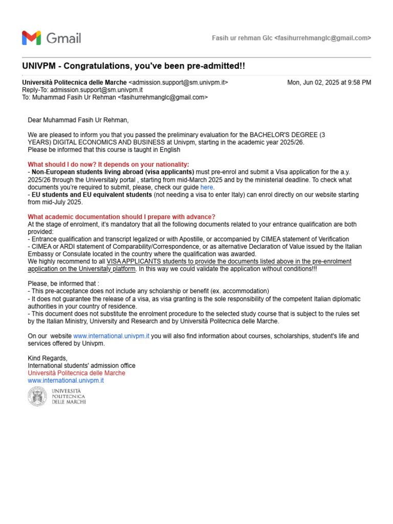 Gmail - UNIVPM - Congratulations, You'Ve Been Pre-Admitted!! | PDF ...