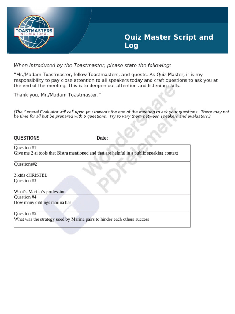Quiz Master Script for Toastmasters | PDF