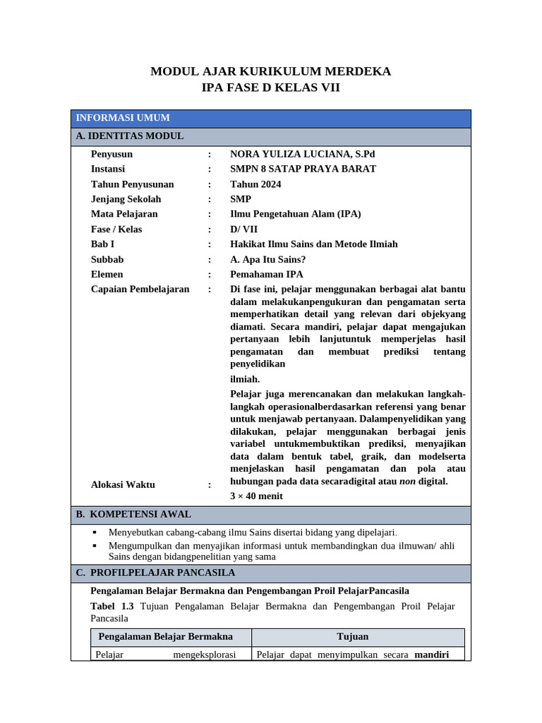 Modul Ajar IPA Kelas VII Kurikulum Merdeka | PDF