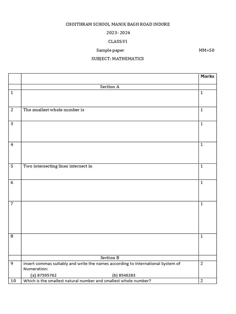 Class VI Mathematics Sample Paper 2023 | PDF | Triangle | Angle