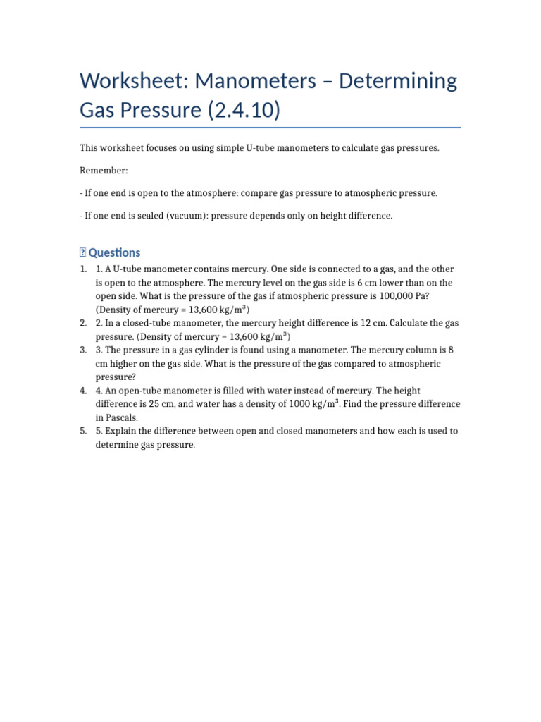 Manometer Gas Pressure Calculations | PDF