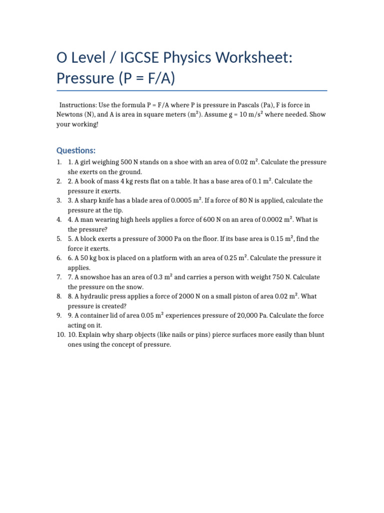 Pressure Calculation Worksheet | PDF