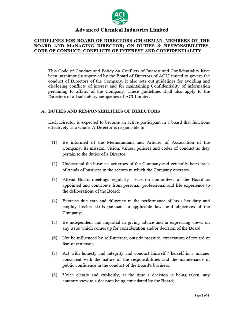 Directors Code of Conduct Aci | PDF | Conflict Of Interest | Justice