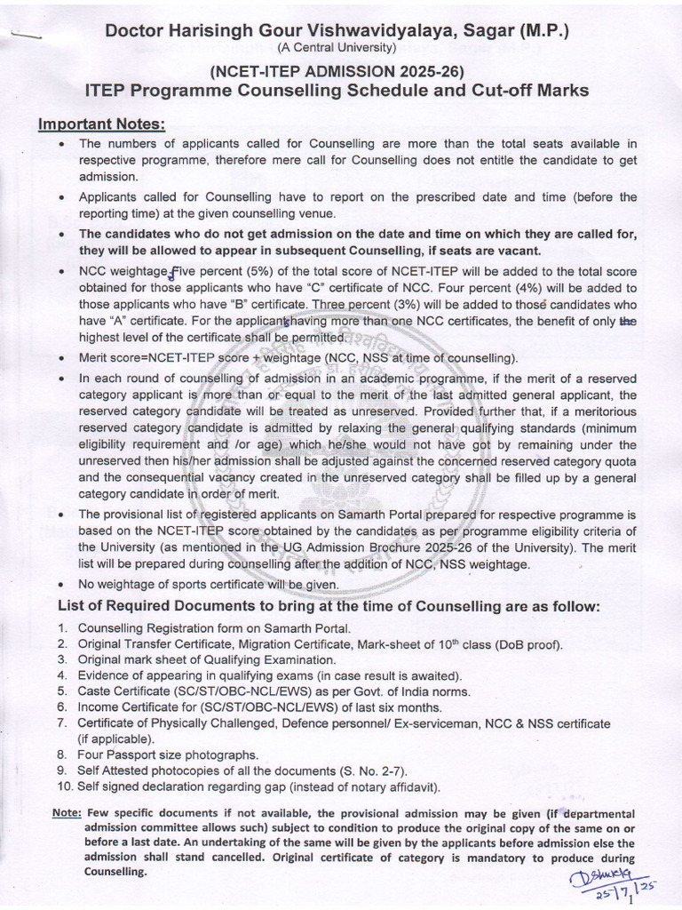 Integrated UG NCET ITEP First Counselling Schedule Cut Off Marks List 2025 26 | PDF
