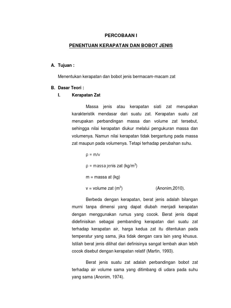 Farfis Acara 1 Penentuan Bobot Jenis Dan Kerapatan | PDF | Sains ...