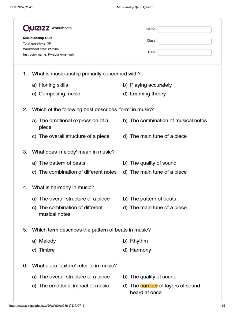 Musicianship Quiz: 50 Questions on Music Theory | PDF | Musicology ...