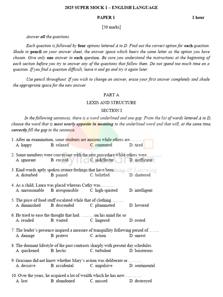 2025 Super Mock 1 - English Language 1 | PDF
