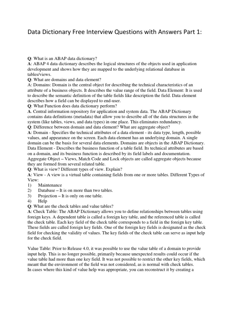 Data Dictionary Free Interview Questions With Answers Part 1 | PDF | Databases | Database Index