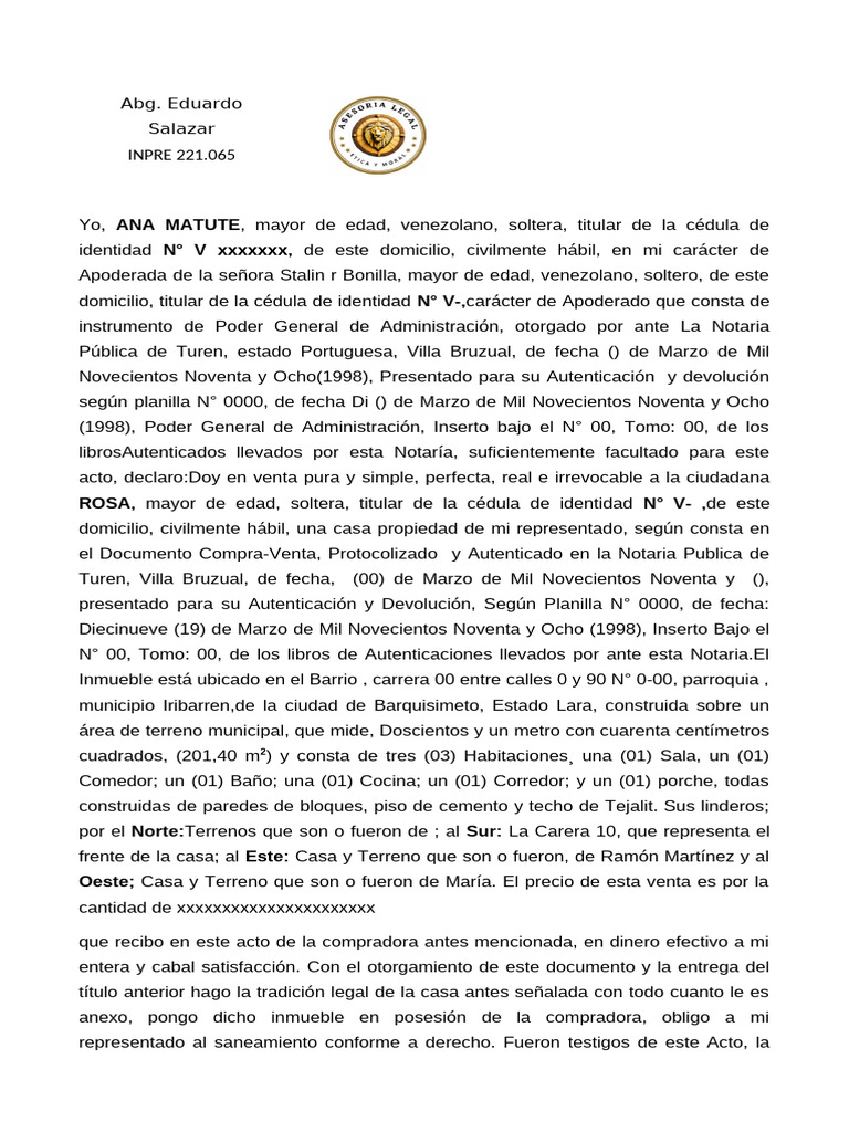 FORMATO Compra Venta de Inmueble Con Poder | PDF