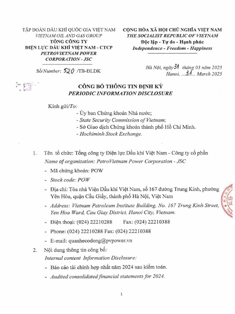 2024 - 20250331 - POW - BCTC Hop Nhat Nam 2024 Sau Kiem Toan | PDF