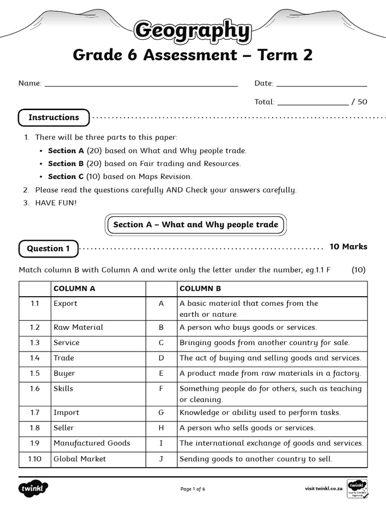 Za Ss 1729675449 Grade 6 Geography Exam Term 2 Black and White | PDF ...