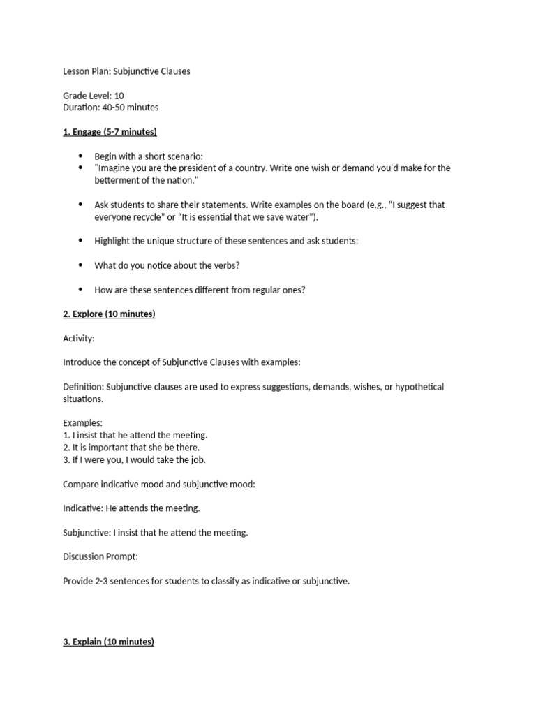 Lesson Plan - Subjunctive Clauses | PDF