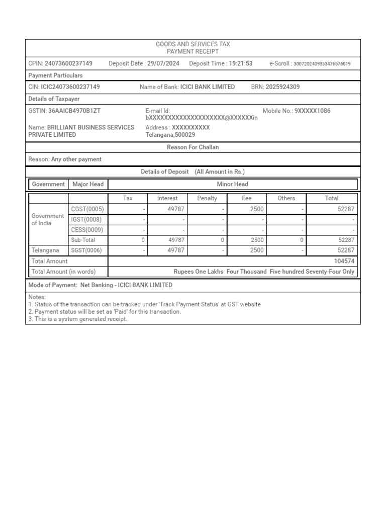 GST Payment Receipt for Brilliant Services | PDF