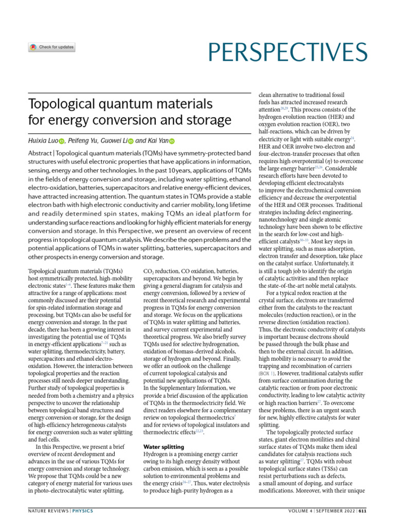 Topological Quantum Materials in Energy Storage | PDF | Catalysis | Redox