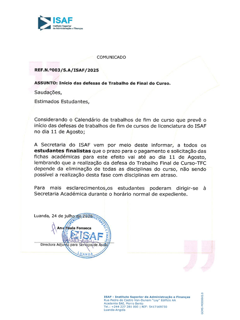 Comunicação 003 S.A ISAF 2025 | PDF