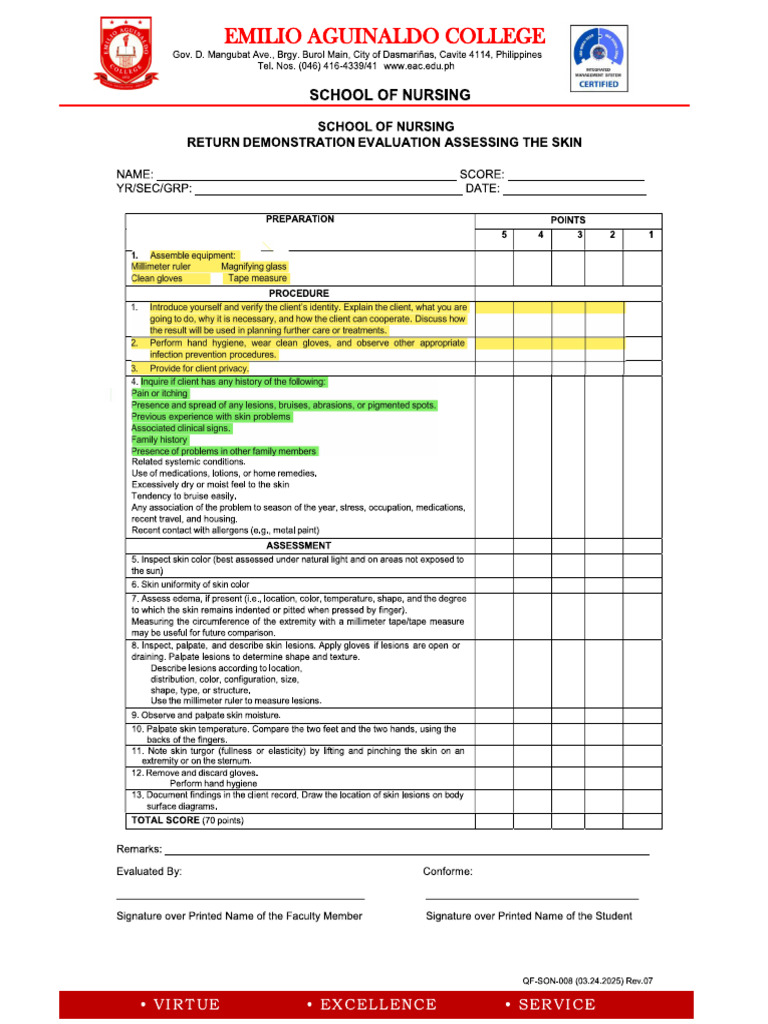 Skin Assessment Checklist 2025 | PDF