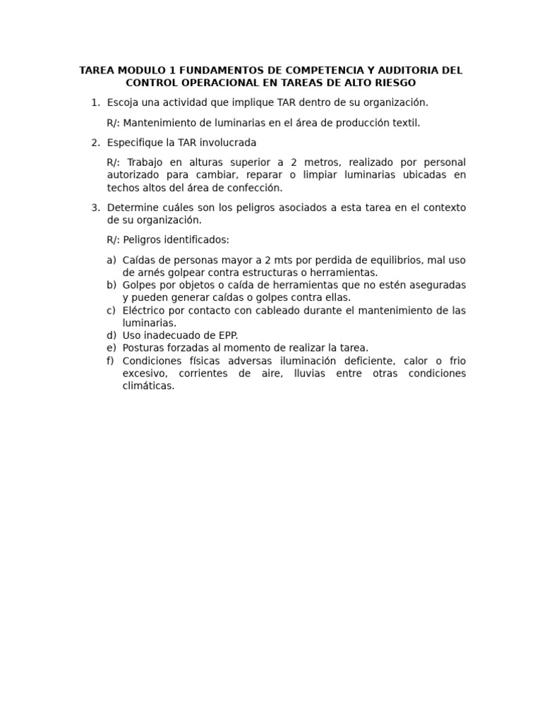 Tarea Modulo 1 Fundamentos de Competencia y Auditoria Del Control Operacional en Tareas de Alto ...