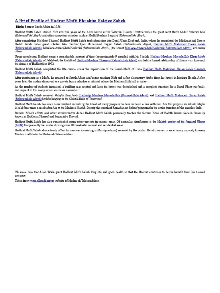 A Brief Profile of Hadrat Mufti Ebrahim Salejee Saheb | PDF | Religious ...