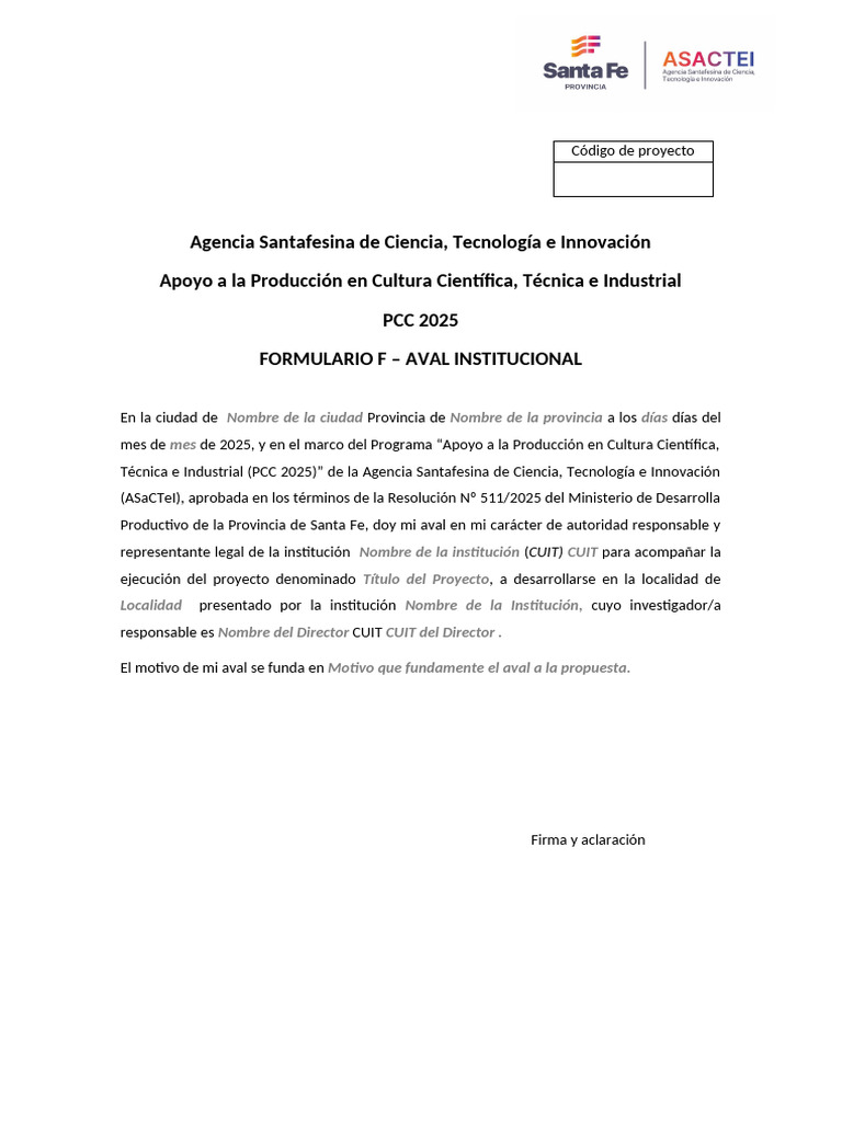 06 - PCC 2025 - Formulario F - Avales Institucionales | PDF