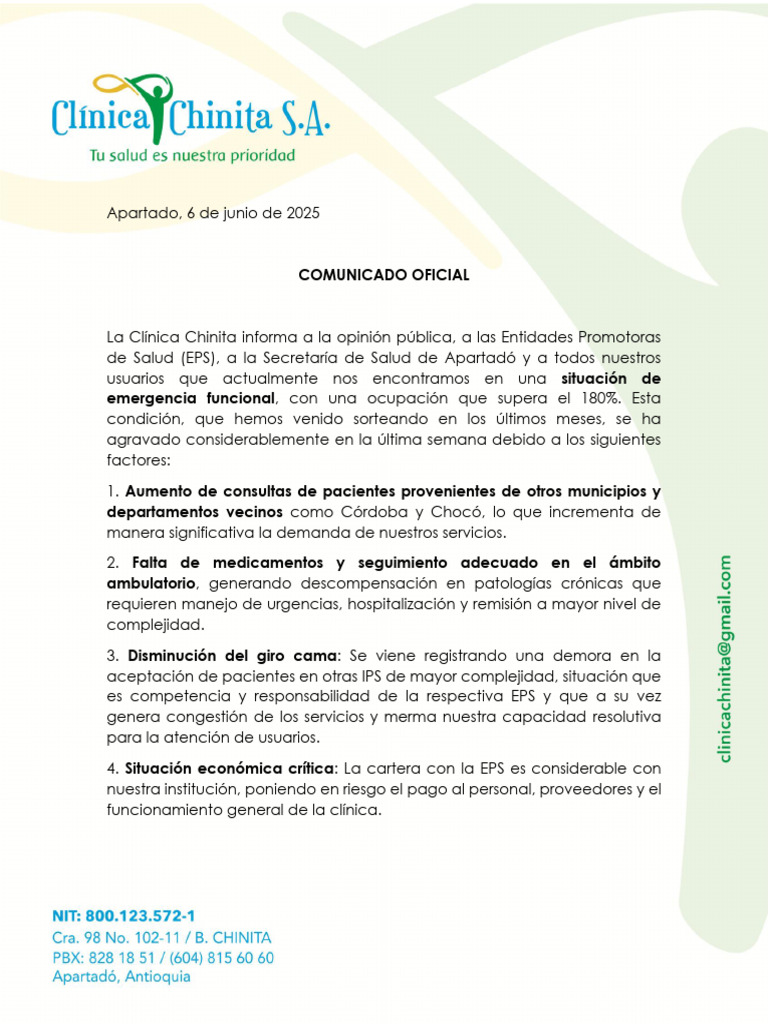 Comunicado Oficial Clínica Chinita | PDF | Cuidado de la salud | Hospital