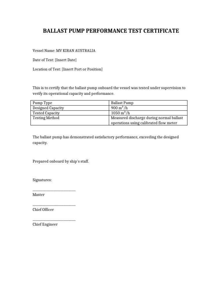 Ballast Pump Test Certificate KIRAN AUSTRALIA | PDF