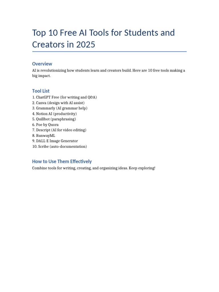 Top 10 Free AI Tools 2025 | PDF