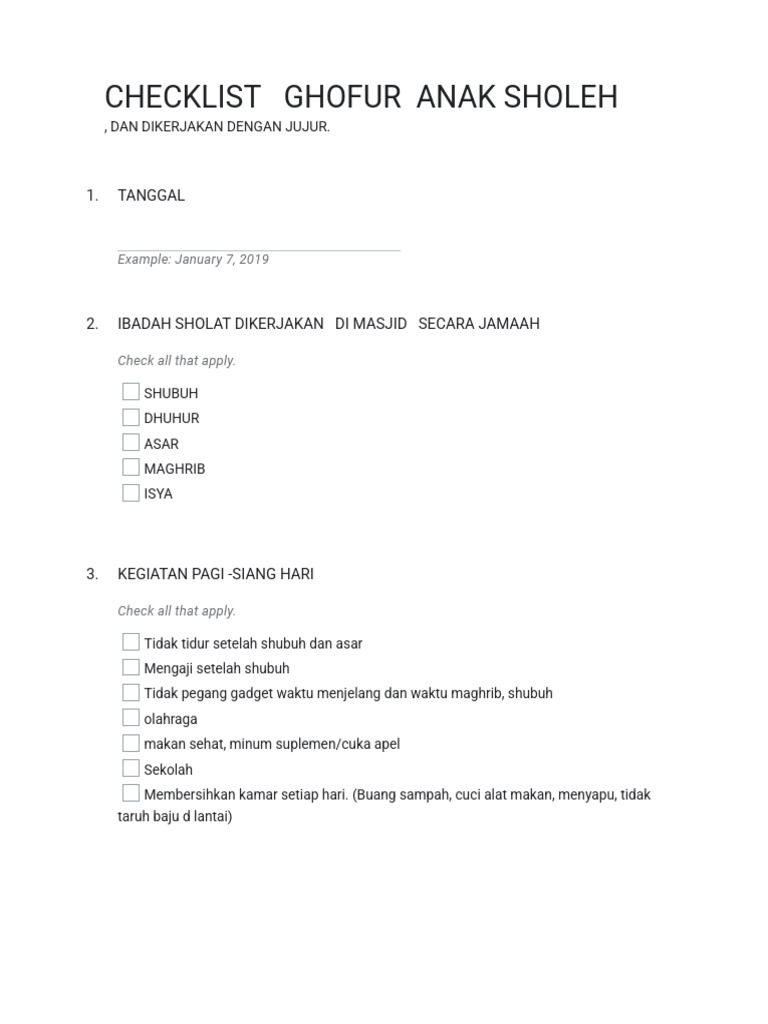 Checklist Anak Sholeh - Google Forms | PDF