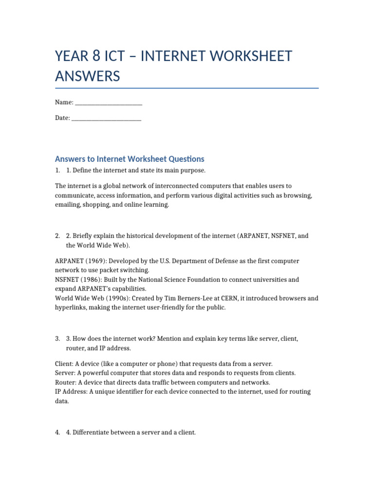 Year 8 ICT Internet Worksheet Answers | PDF | Internet | World Wide Web
