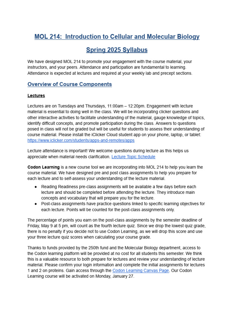 MOL 214 Spring 2025 Syllabus | PDF | Gene | Gene Expression
