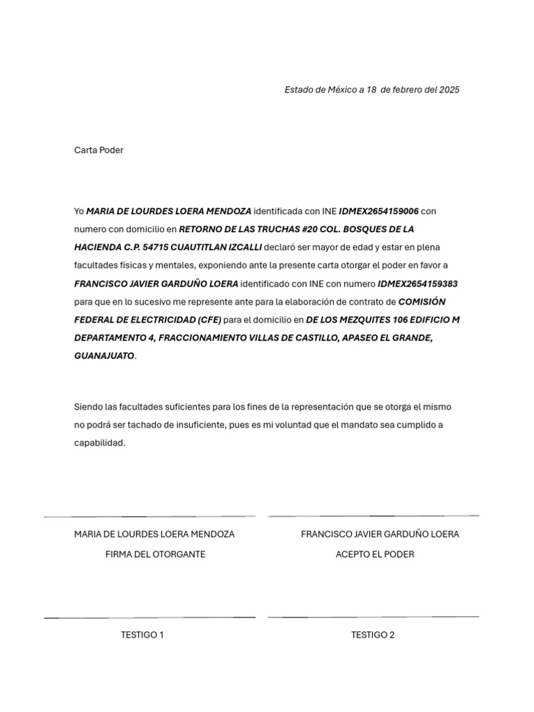 Carta Poder CFE | PDF