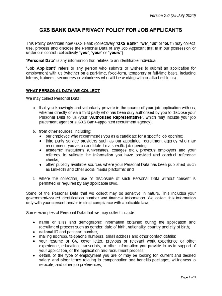 GXS Bank Job Applicant Data Privacy Policy - v2.0 (250722) | PDF ...