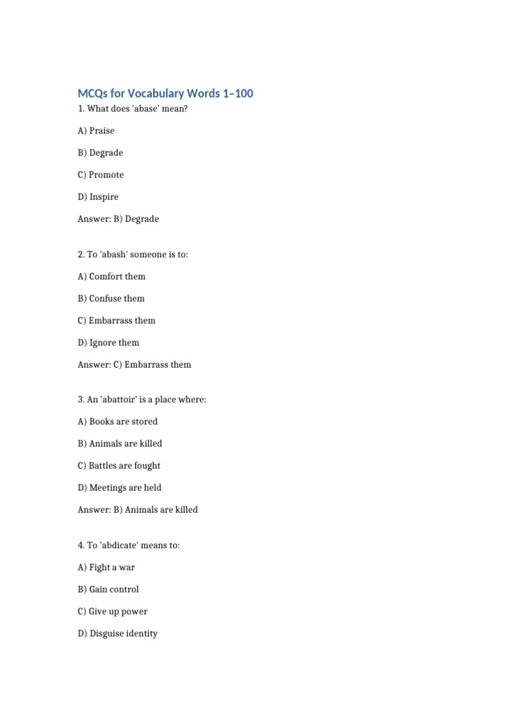 Vocabulary MCQs: 1-100 with Answers | PDF
