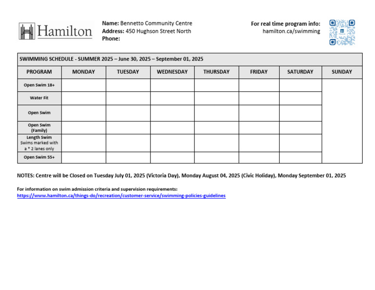 Bennetto Community Centre Swim Schedule | PDF
