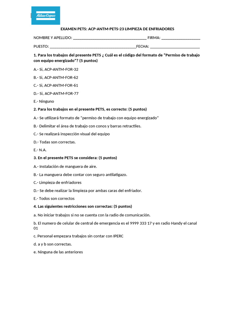 Examen Acp-Antm-pets-23, Limpieza de Enfriadores | PDF