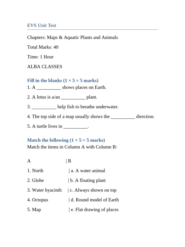 EVS Unit Test: Maps & Aquatic Life | PDF