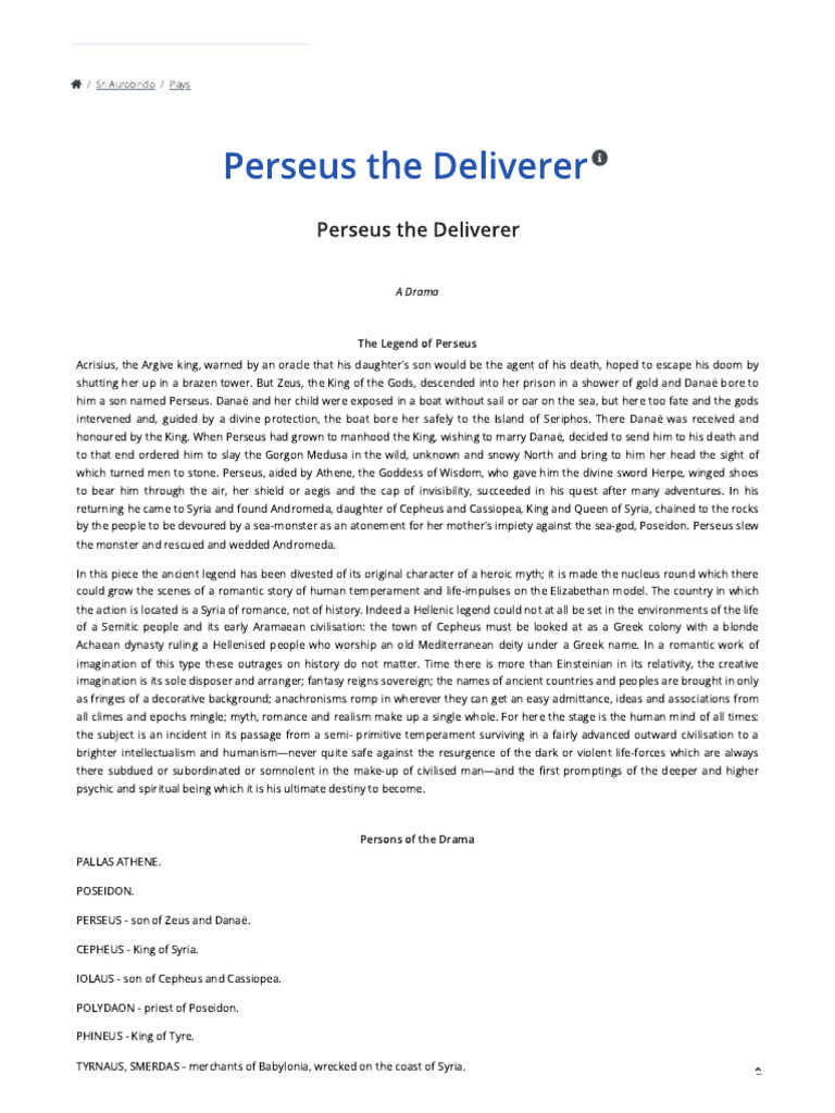 Perseus the Deliverer - A Drama (1907) by Sri Aurobindo | PDF
