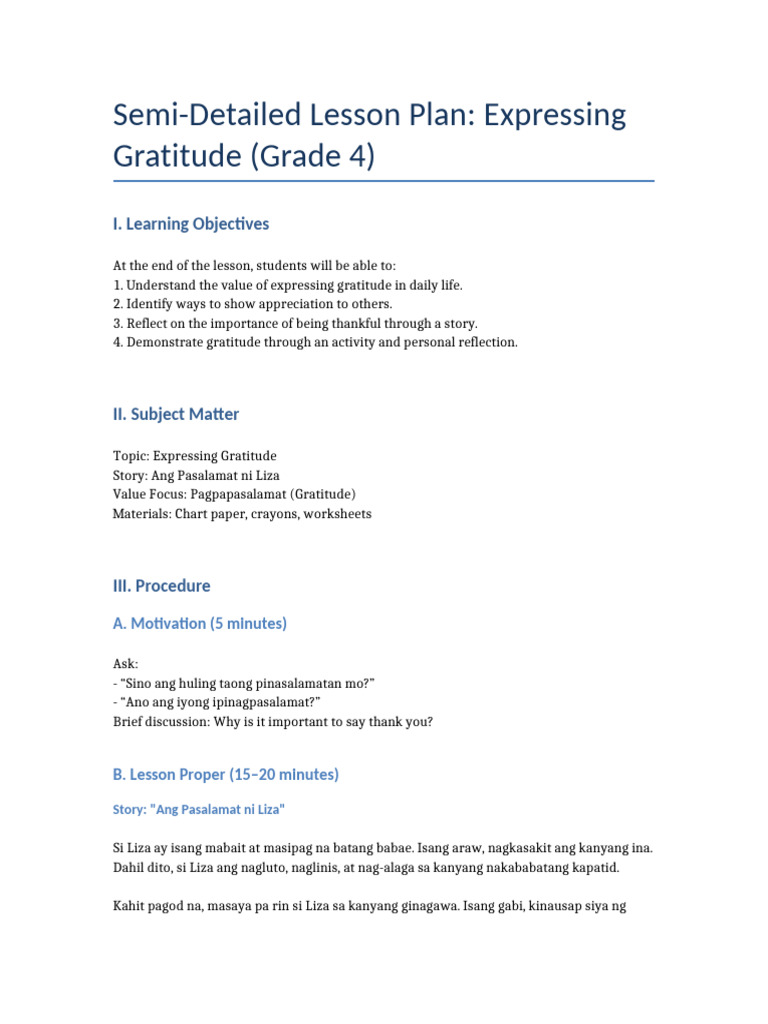 Lesson Plan Expressing Gratitude Grade4 | PDF