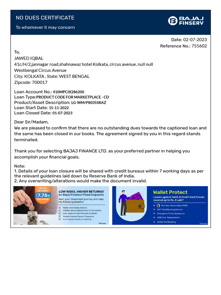 No Dues Certificate - 09!46!18 | PDF | Credit Card | Service Industries