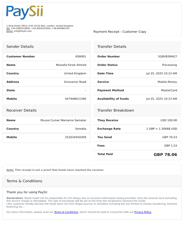 Sender Details Transfer Details: Payment Receipt - Customer | PDF ...