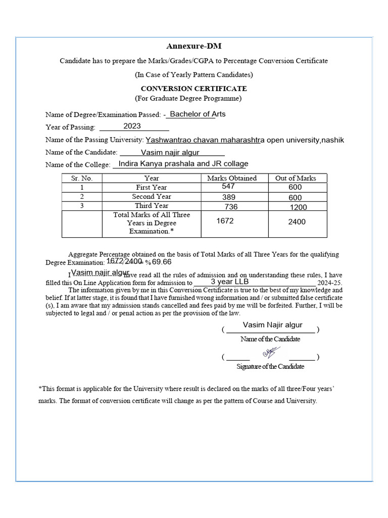 Conversion Certificate For Graduation and Post Graduation 2025 (1) - Organized | PDF