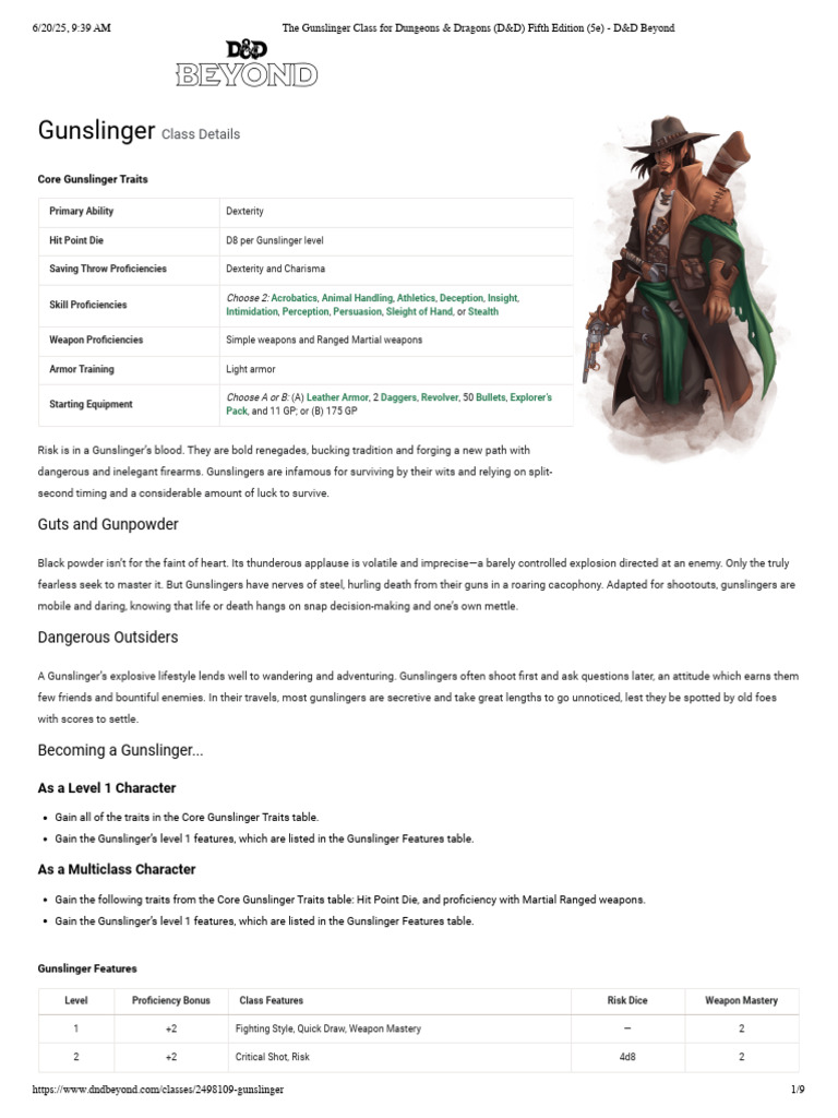 The Gunslinger Class For Dungeons & Dragons (D&D) Fifth Edition (5e ...