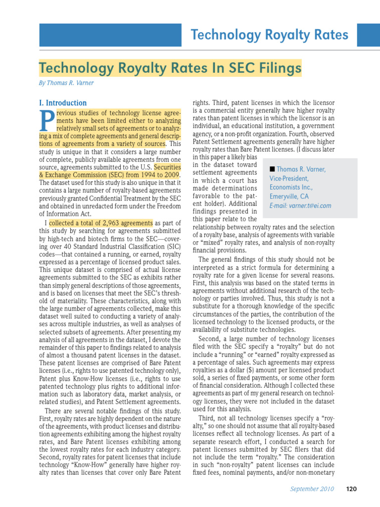 Technology Royalty Rates Analysis | PDF | License | Royalty Payment