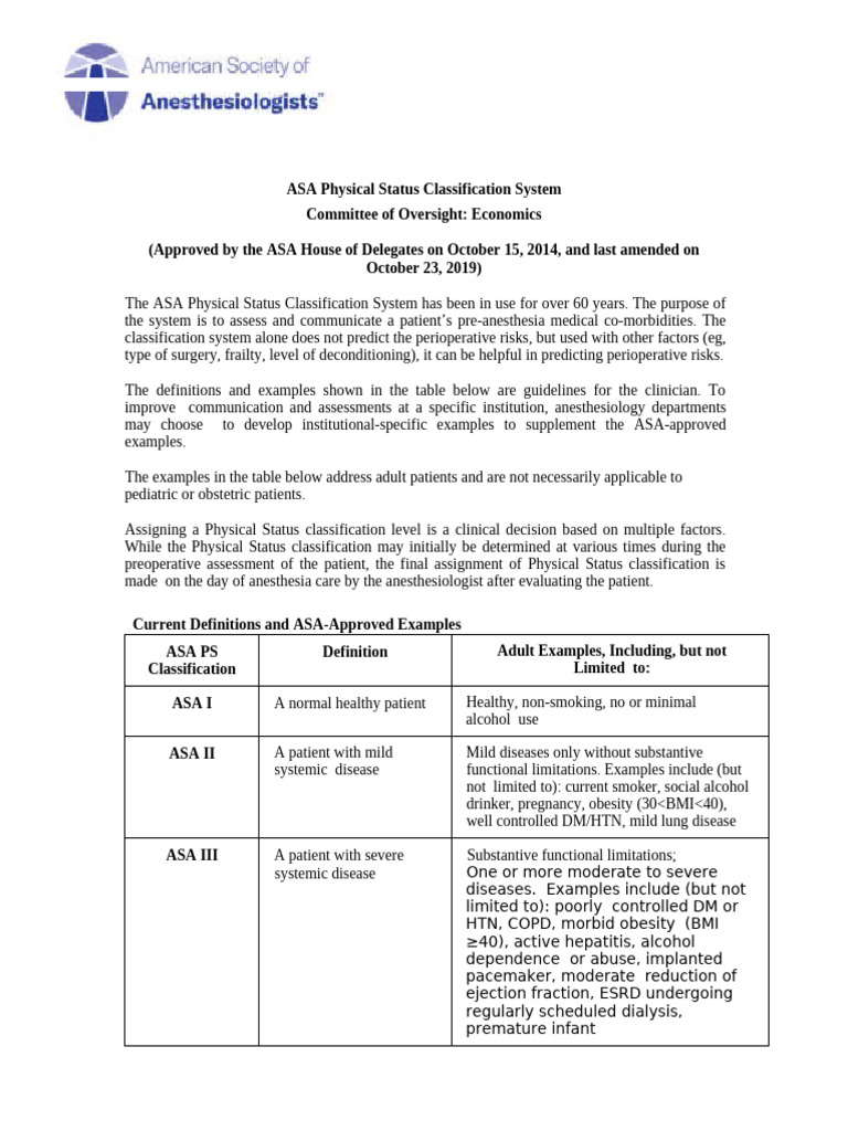 Clasificacion Asa | PDF | Medical Specialties | Health Care