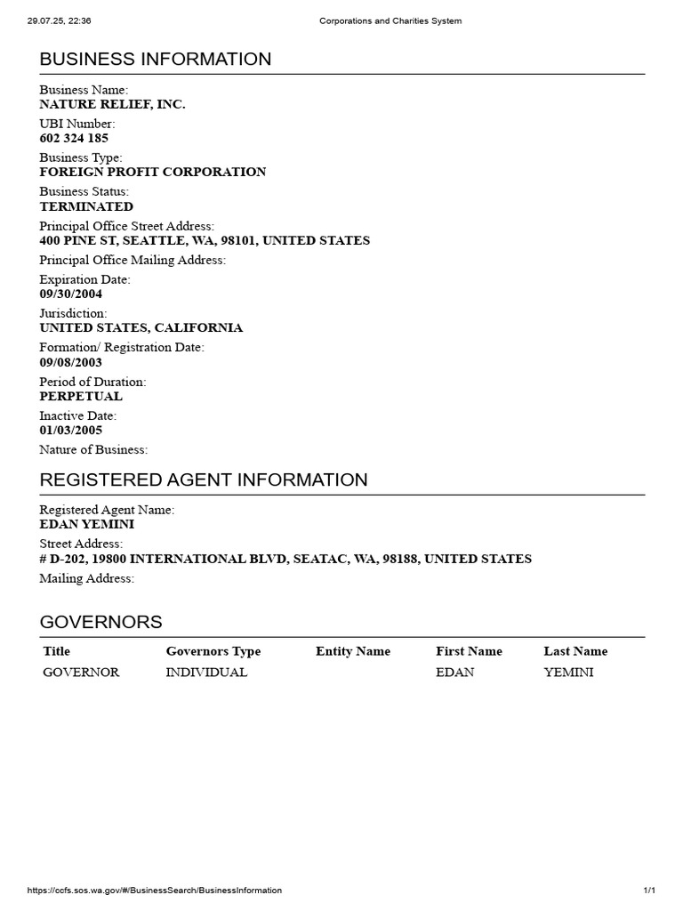 Edan Yemini - NATURE RELIEF, INC. - Company Filing in Seattle | PDF