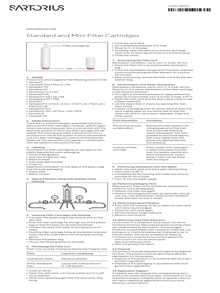 Sartopore 2 Filter Cartridge Guide | PDF | Filtration | Sterilization ...