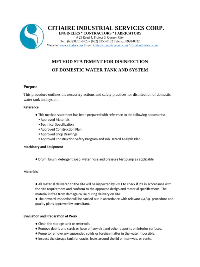 Water Tank Disinfection Method Statement | PDF | Bleach