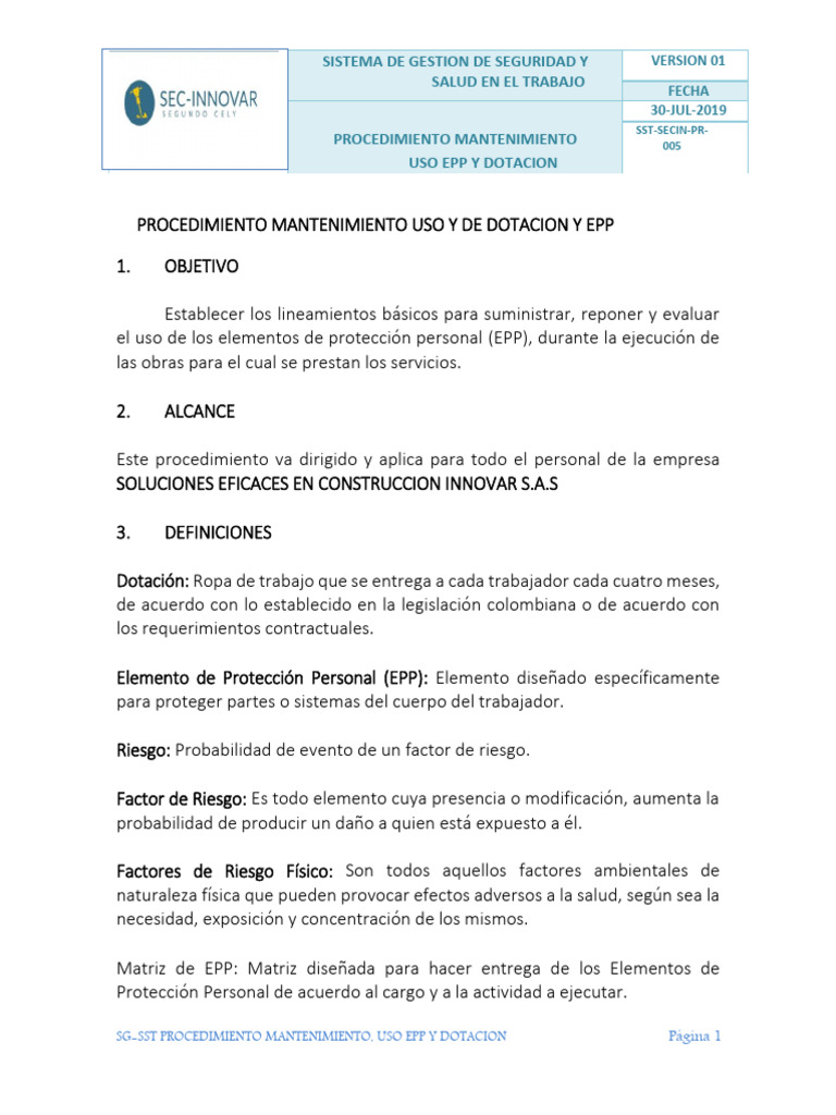 Sst-Secin-Pro-005 Procedimiento Mantenimiento y Uso Epp | PDF | Riesgo