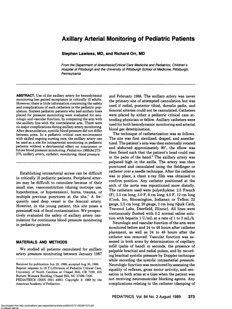 Axillary Arterial Monitoring in Pediatrics | PDF | Blood Pressure | Heart