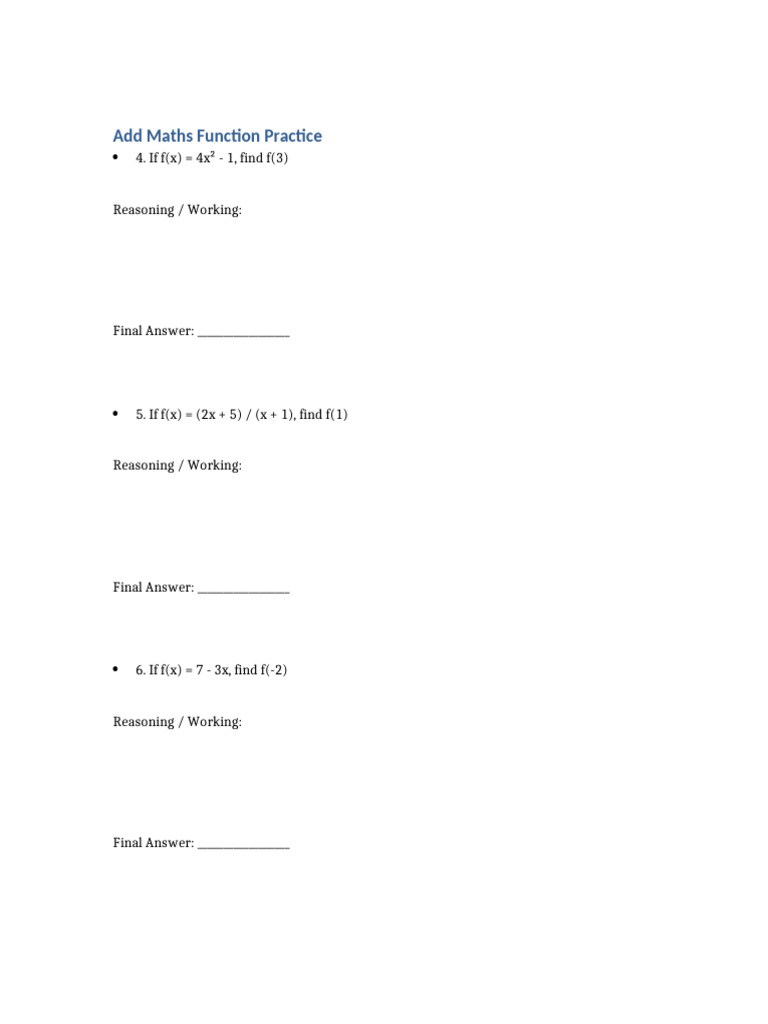 Add Maths Function Practice | PDF